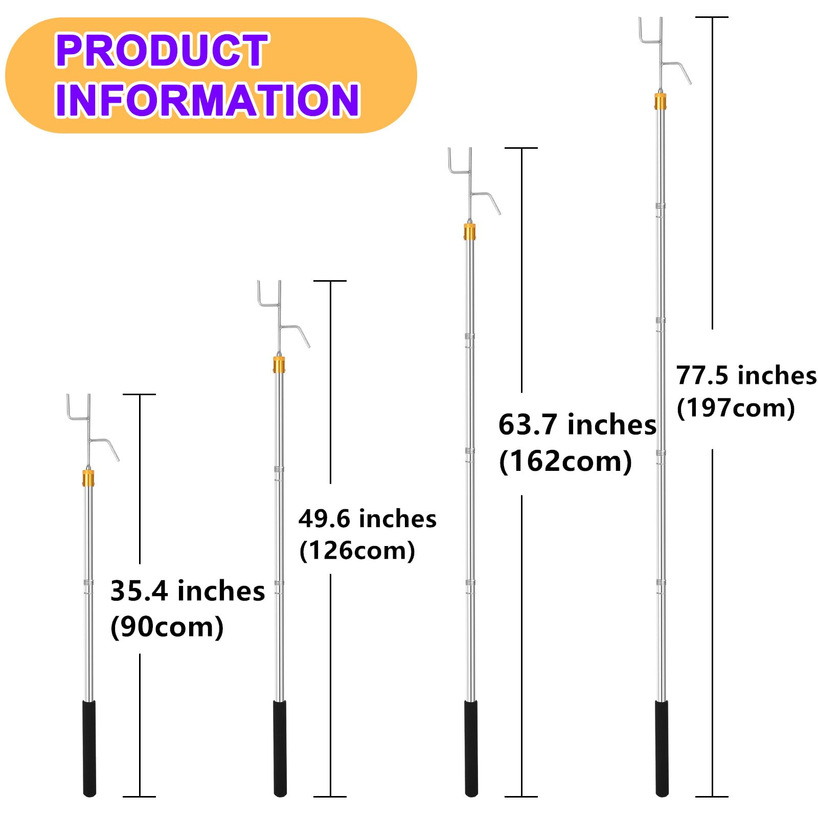 Clothes Hook Pole,29-71 Inch Adjustable Extension with Hook Bar.Suitable for Clothes Hanger Rod, Christmas light, Hanging Flowerpot Plants and Bird Feeder, Tent Shelter Camper Canopy (with two hooks)