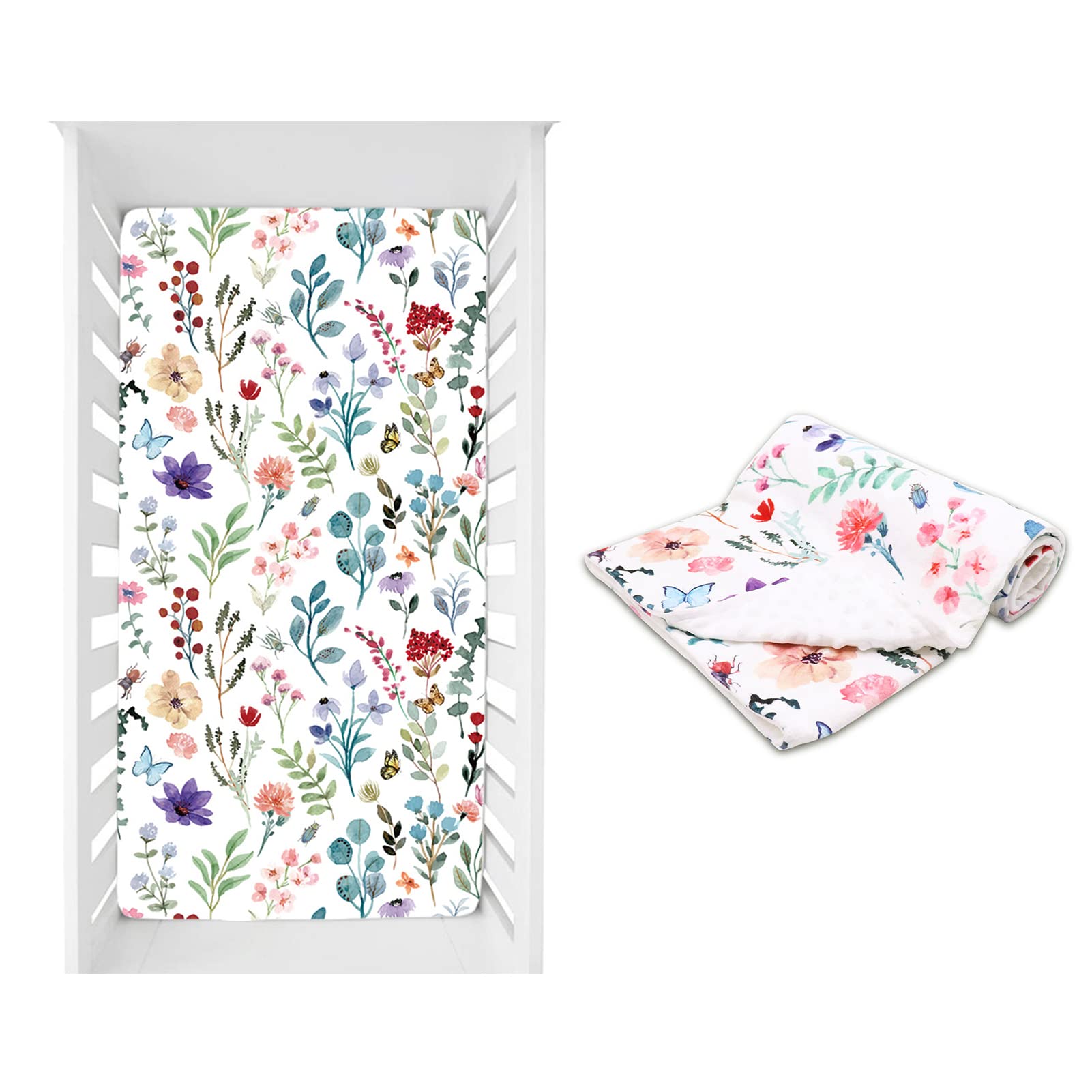 Baby Soft Crib Sheet and Baby Minky Blankets with White Watercolor Floral
