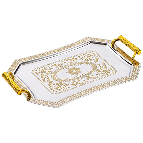 GURUDAR Vintage Stainless Steel Decorative Tray 17" x 12", Rectangle Metal Serving Tray with Golden Engraving Pattern & Plastic Handle for Coffee Tea Table Home Décor Living Room Kitchen Dining