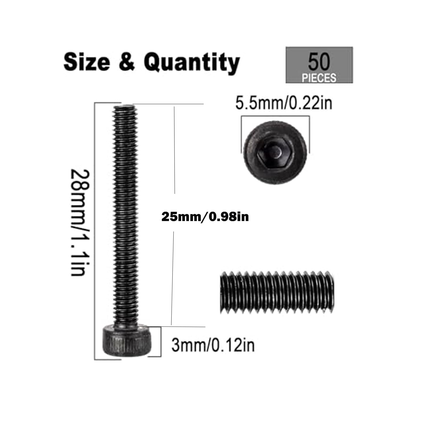 jiuwu 50Pcs M3 x 25mm Socket Head Screw,Thread Pitch 0.5 mm Alloy Steel 12.9 GradeHex Socket Button Head Cap Screws Bolts Kit, Black Oxide Finish
