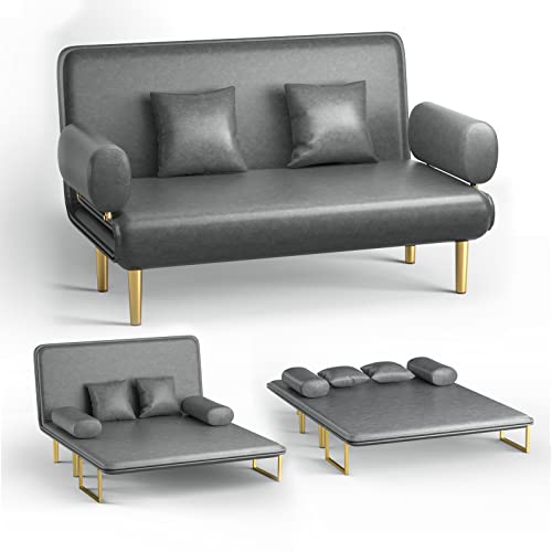 CIZIG Futon Sofa Bed,74.8" L Convertible Sleeper Sofa with Tapered Steal Leg,Adjustable Back Rest Couch,Loveseat Sofa Bed, Small Leather Twin Sofa for Living Room,Bedroom,Movie Night,Grey