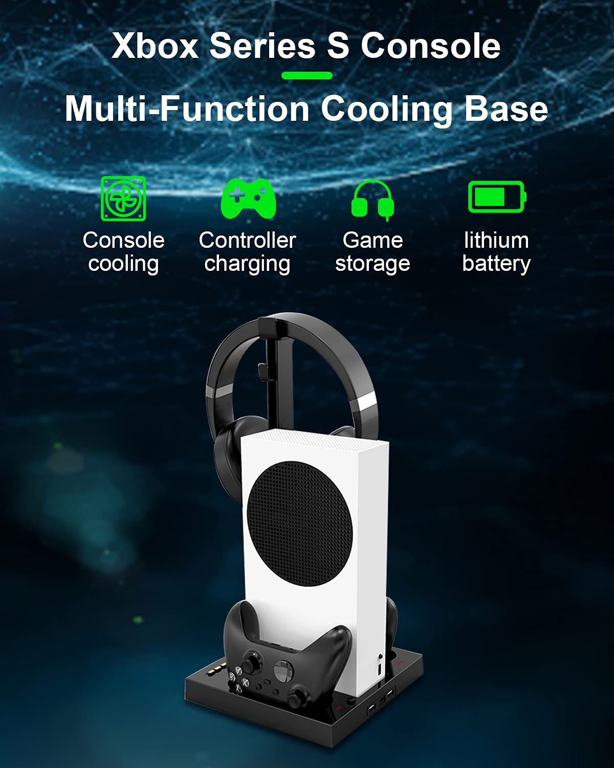 Joso Cooling Fan Vertical Stand for Xbox Series S, with Dual Controller Charging Station, Headset Stand, 1400mAh Rechargeable Battery Pack - Black