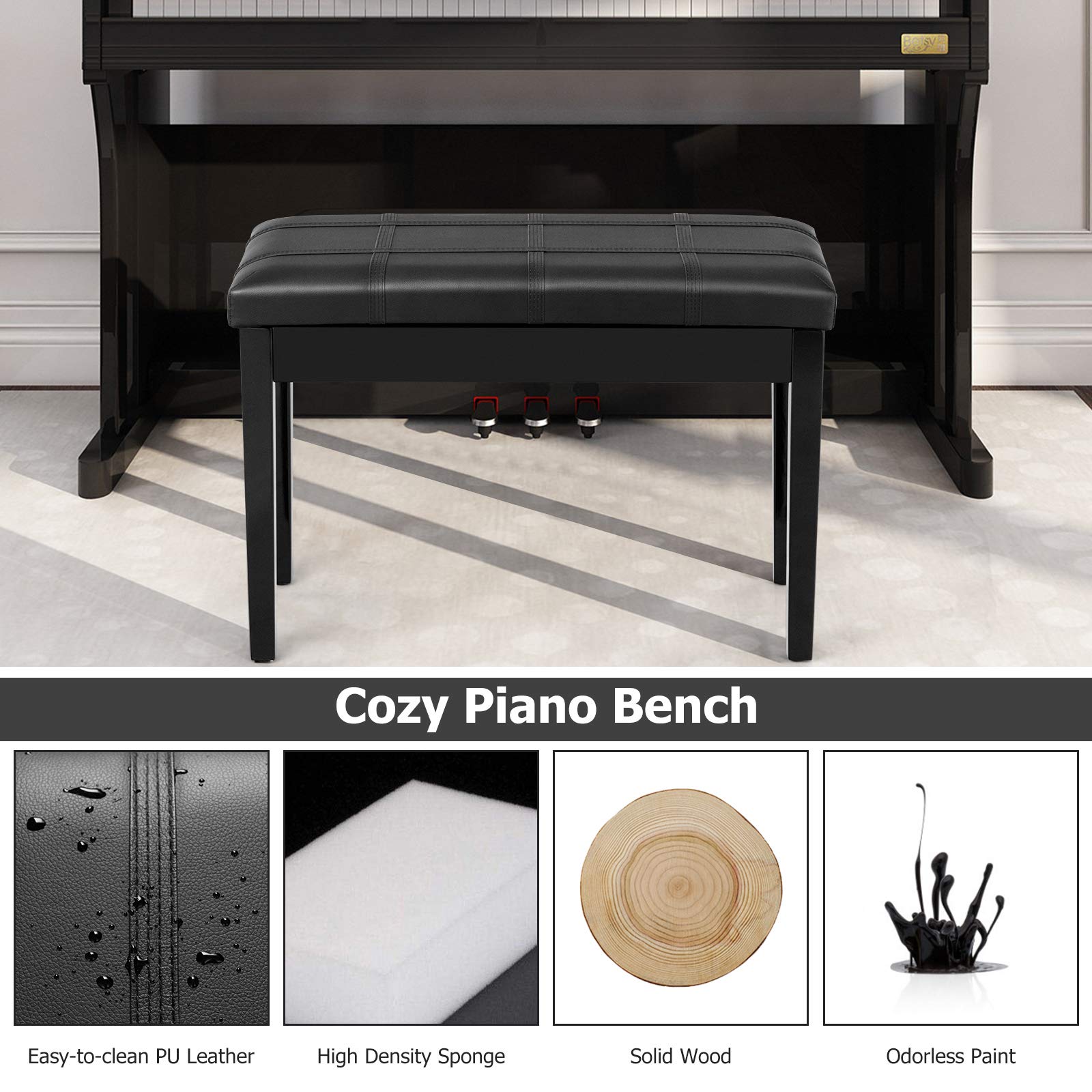 GOFLAME Piano Bench with Padded Cushion and Music Storage, Comfortable Double Duet Seat with PU Leather and Wooden Legs, Perfect for Professional or Home Use (Black)