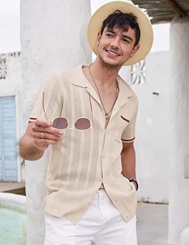 COOFANDY Knit Polo Shirts Short Sleeve for Men Summer Casual Beach Button Down Shirt Light Brown