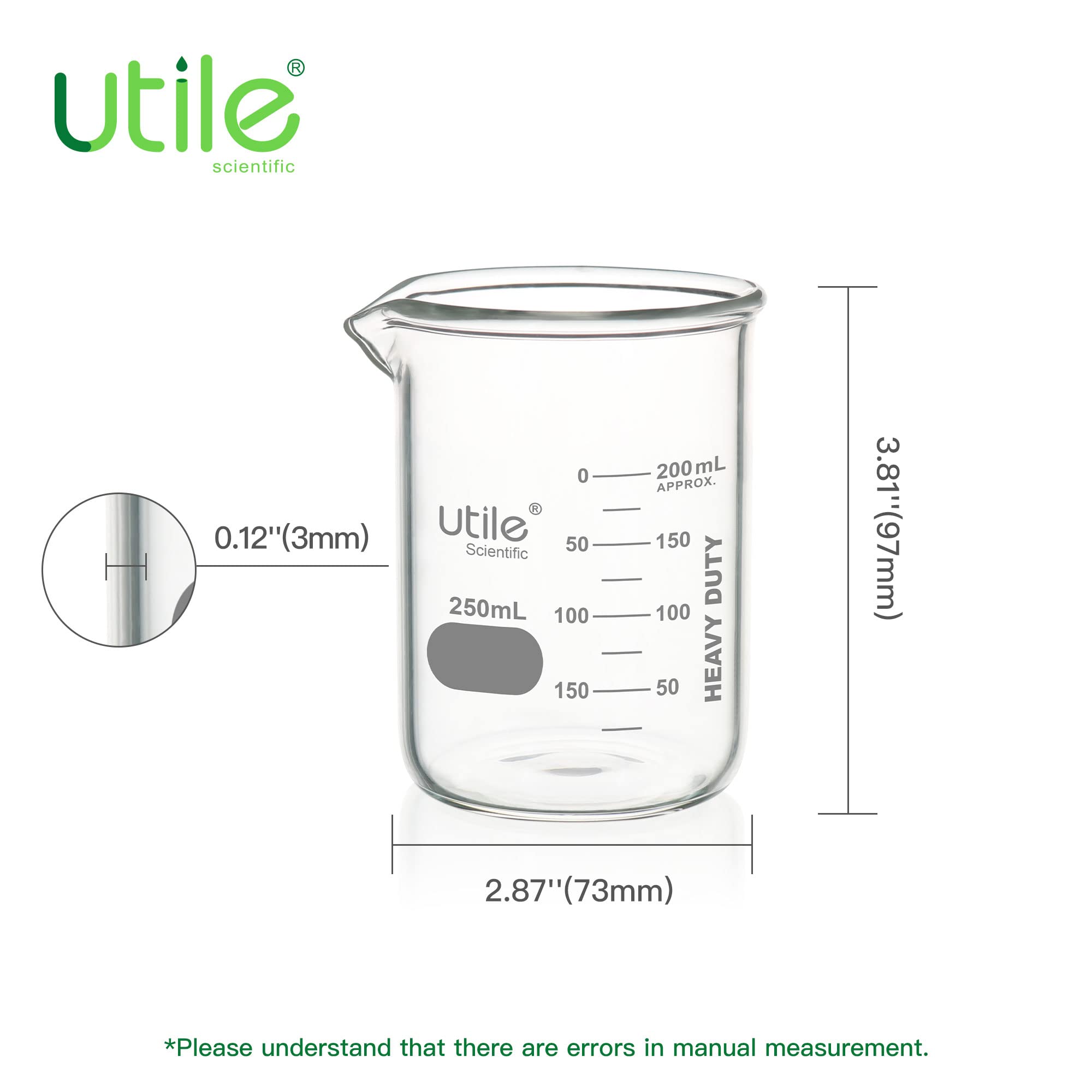 Utile 12pcs of Heavy Duty Glass Beakers, Vol.250m(8.5oz), Borosilicate 3.3 Glass with Double Scaled Printed Graduation, 4046.0250.12
