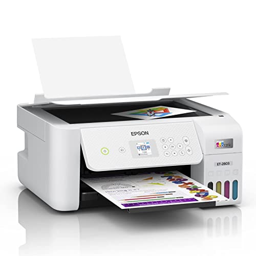 Epson EcoTank ET-2803 All-In-One Wireless Supertank Color Inkjet Printer, White - Print Scan Copy - 1.44" LCD Display, 10 ppm, 5760 x 1440 dpi, Borderless Photo Prints, Mobile Printing, USB Connection