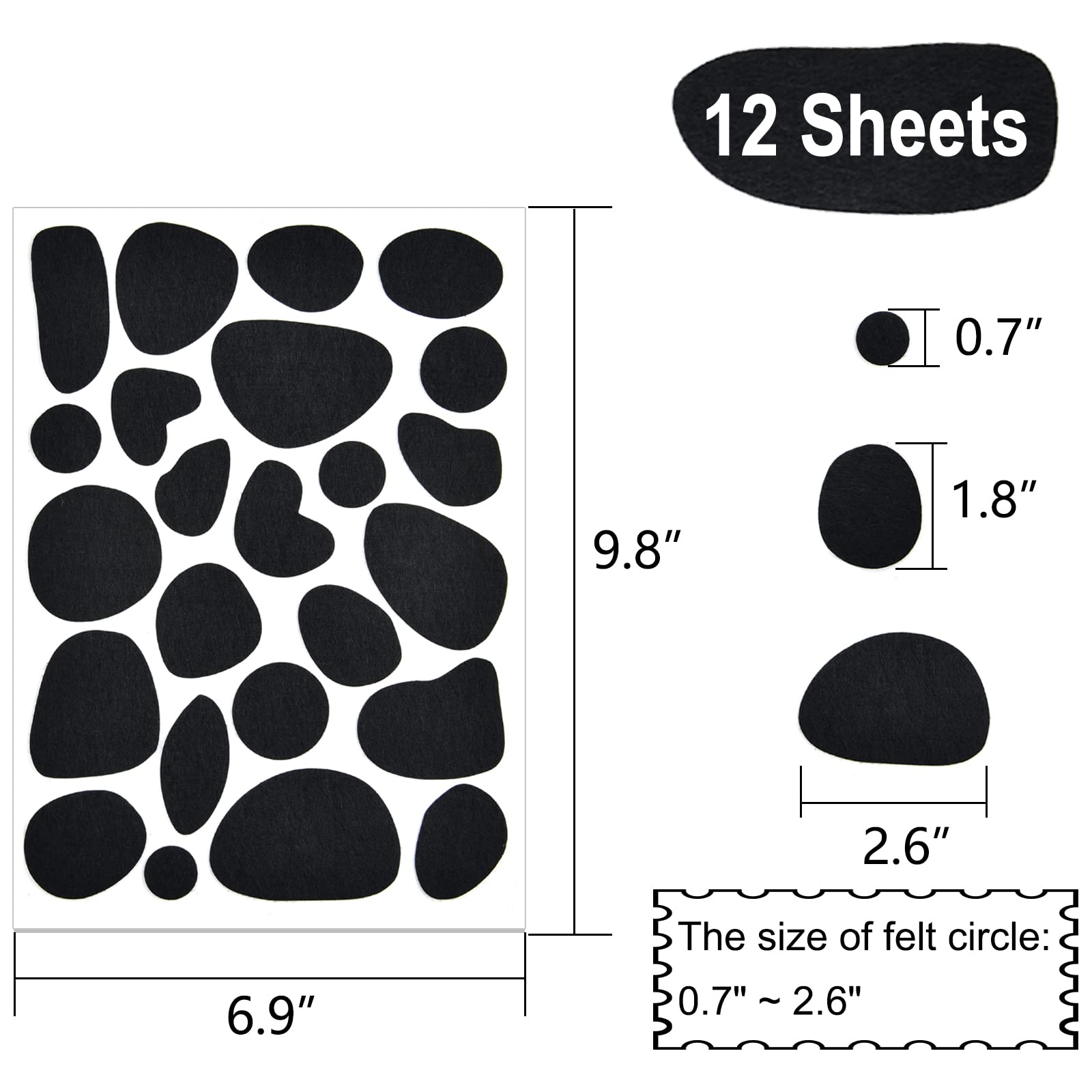 Coopay 12 Sheets Black Adhesive Felt Circles Felt Pads Spotty Dog Style 288 Pieces Irregular Shape Dots Felt for Halloween DIY Sewing Projects Costume