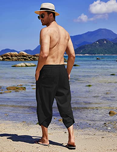 COOFANDY Men's Beach Pants Loose Casual Lightweight Elastic Waist Summer Linen Pants Black