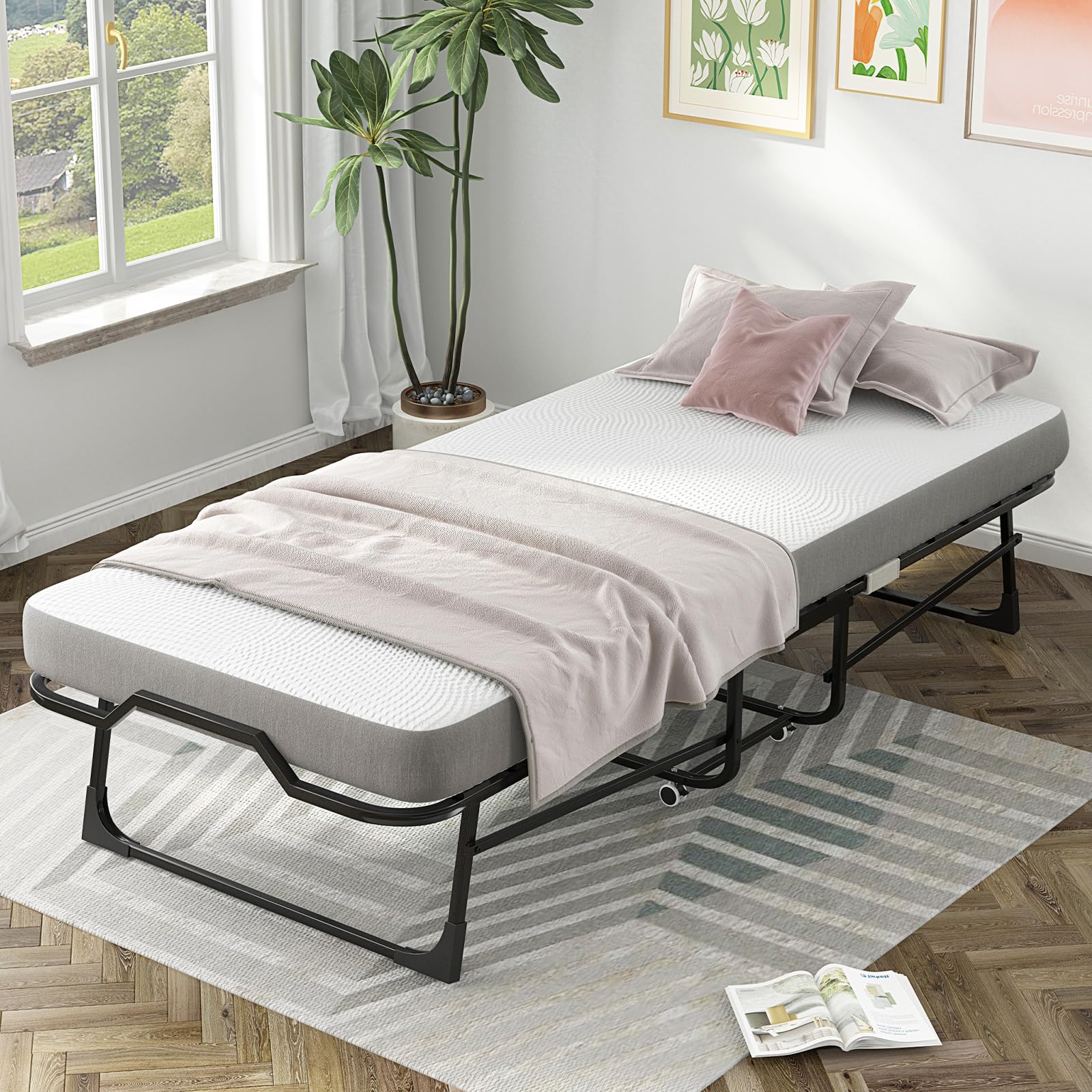 PUREMIND Folding Bed with Mattress for Adults,Twin Size Rollaway Bed with 5'' Memory Foam Mattress, Portable Foldable Bed Fold Up Guest Bed with Dustproof Bag & Baffle (Upgrade with Cover)
