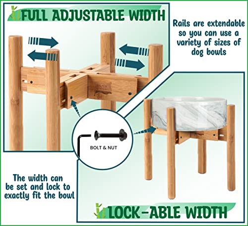 Dog Bowl Stand for Large Dogs - Height 14-inch, Adjustable, Lockable Width 8-11inches Wide - Food and Water Feeder Holder - Bamboo