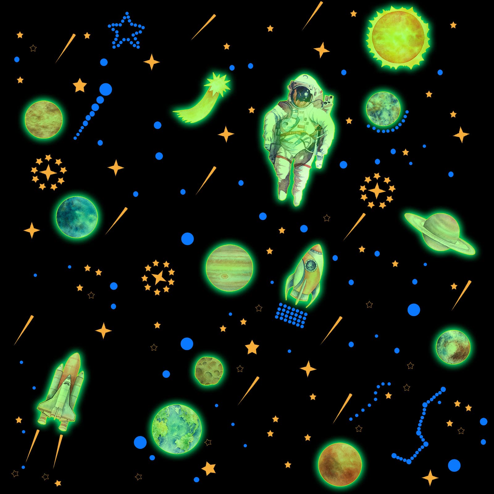 Hianjoo Glow in The Dark Stars for Ceiling, Solar System Wall Stickers, Rocket Astronaut Luminous Decal Shining Space Decoration for Nursery Bedroom Living Room for Boy and Girl