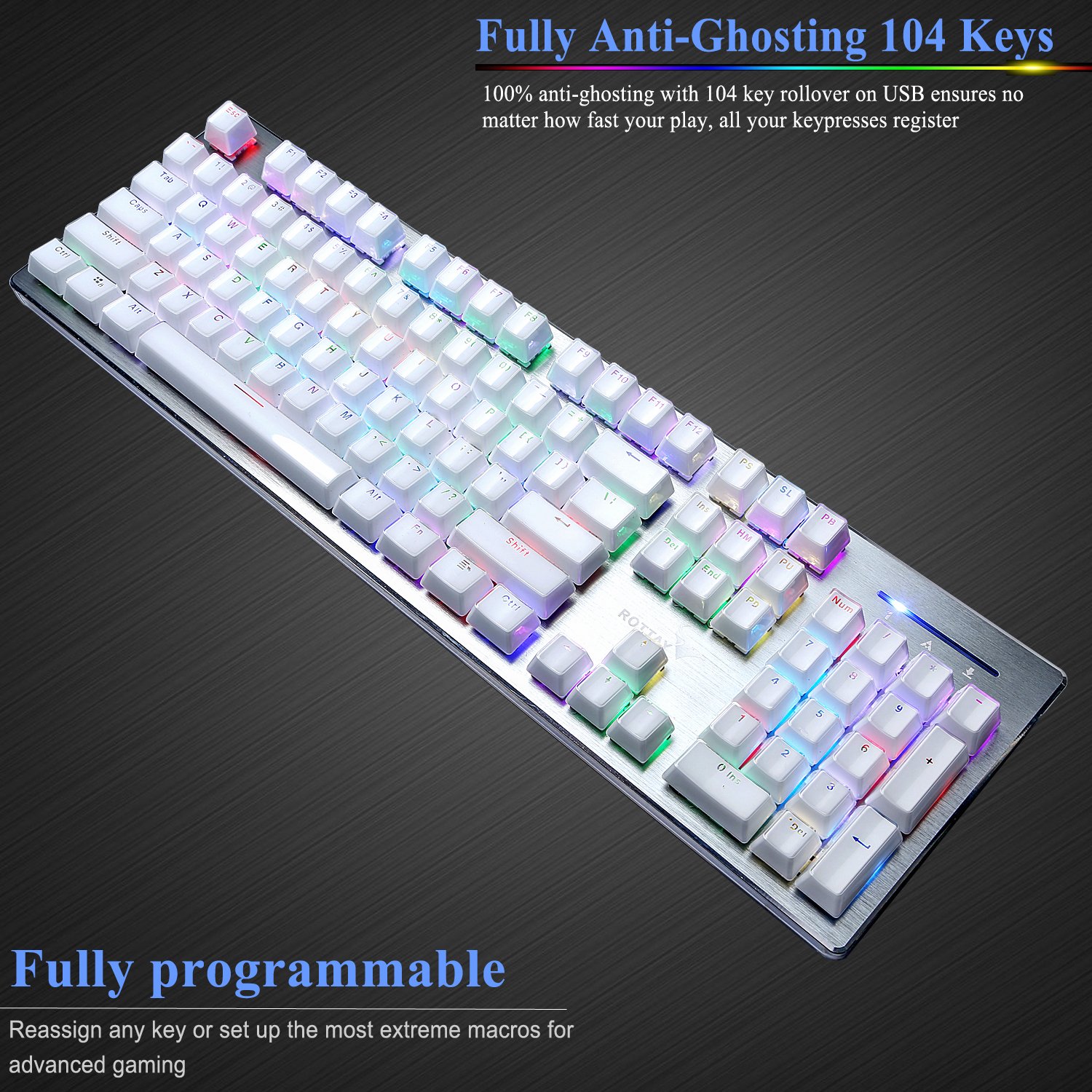 Rottay Rainbow Backlit Mechanical Keyboard, White Gaming Keyboard, Wired Computer Keyboard with Brown Switch and Aluminum Panel