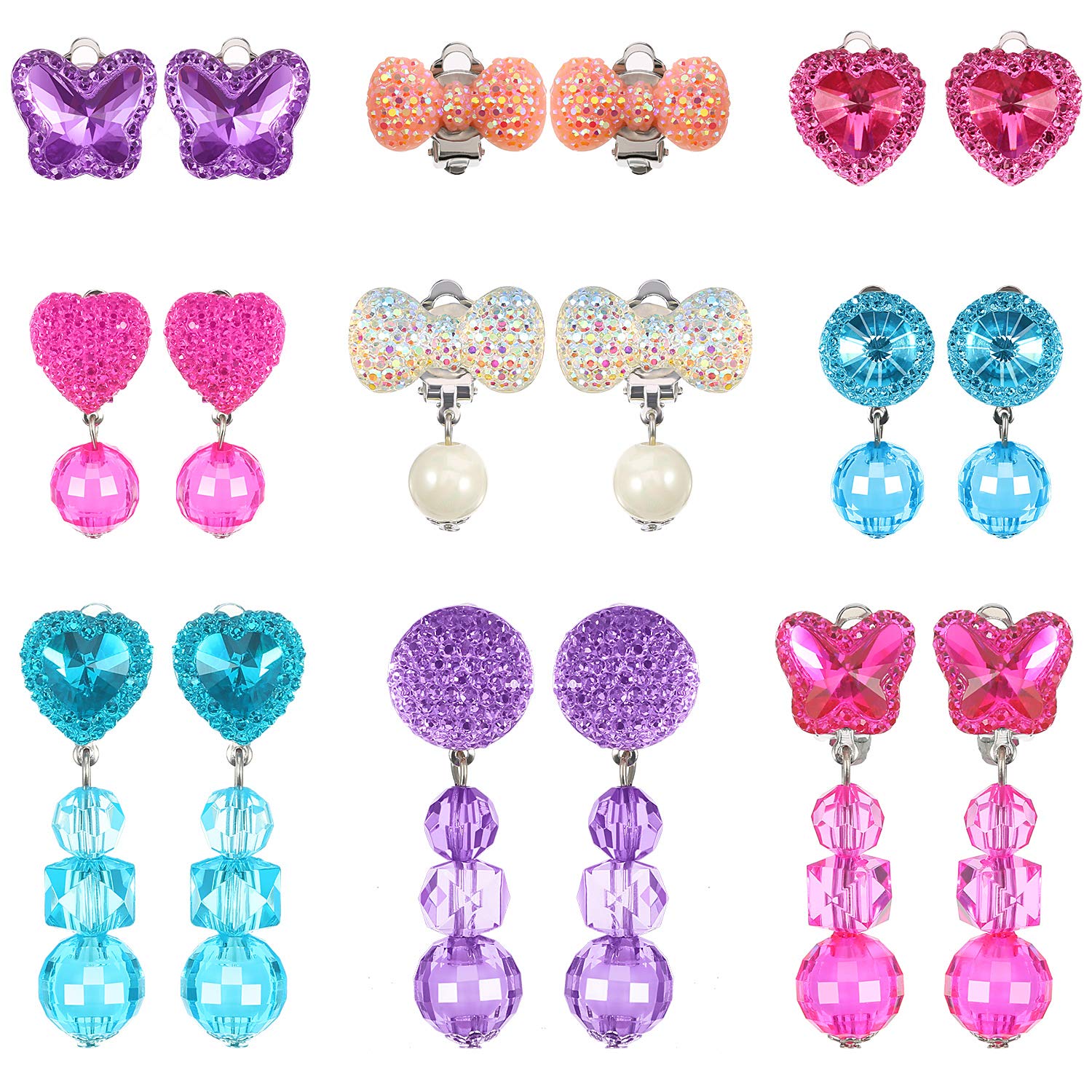 Hicarer 9 Pairs Girls Clip-on Earrings Pretend Princess Play Earrings Jewelry Set (Style 1)