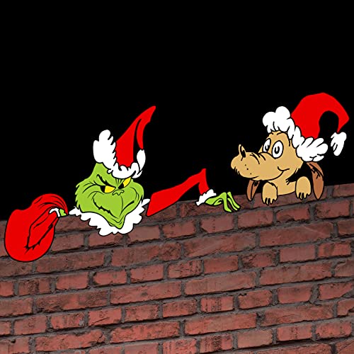 Christmas Decorations Outdoor Fence Peeker - Funny Christmas Fence Yard Signs with Thief Stole Head Arm Bag and Dog for Holiday Xmas Garden Courtyard Wall Decorations