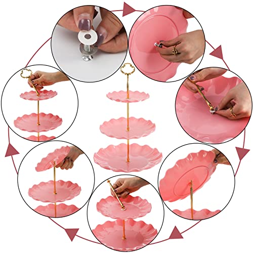 DEAYOU 4 Pack 3-Tier Cupcake Stand, Plastic Dessert Stand Display Tower, Tiered Cake Stands Serving Trays with Gold Rod, Pastry Rack Holder Platter for Buffet, Party, Wedding, Home Decor, Pink, Red
