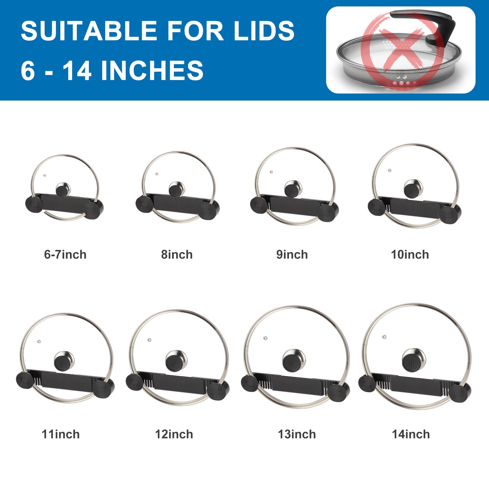 YONGAIJIA 4 Pack Adjustable Pot Lid holder,Pan Cover Organizer Fits 6" to 14" lid, Adhesive Wall Mount Pots Lid Storage for Kitchen Cupboard 、Cabinet Door (Black)
