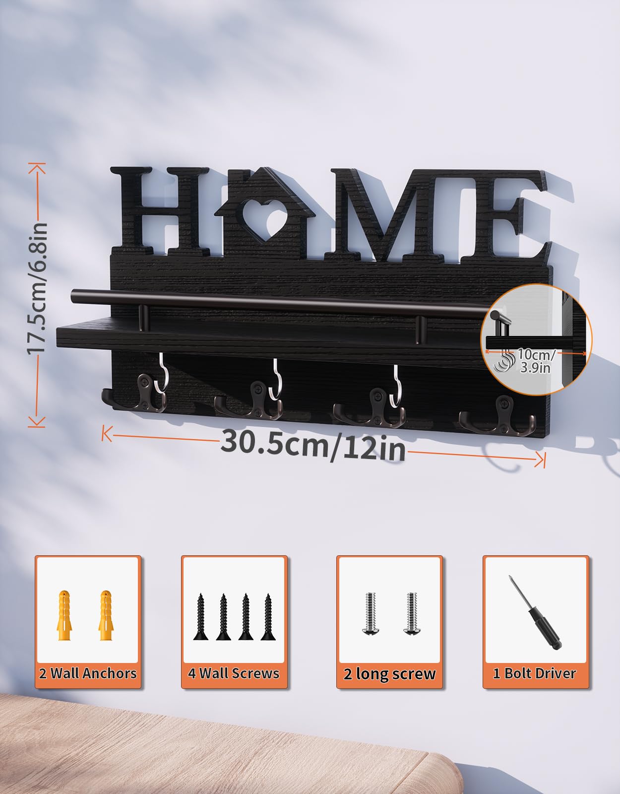 SWTYMIKI Key Hooks for Wall with Home Decoration, Wood Mail Organizer with Key Holder and Mail Holder Design, Wall Mounted Key Hanger Suitable for Entryway, Front Door, Hallway, Office, Black