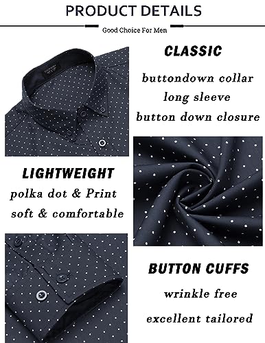 COOFANDY Men's Business Dress Shirt Long Sleeve Regular Fit Shirt Casual Polka Dot Printed Button Down Shirts Navy Blue
