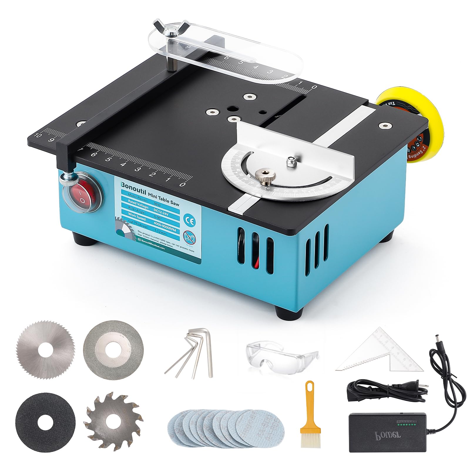 Bonoutil Mini Table Saw, 96W Dual Motor Control 4 Saw Blades Set Cut Thickness 12MM 0-90° Adjust Small Table Saw for Hobby DIY Model Wood Cutting