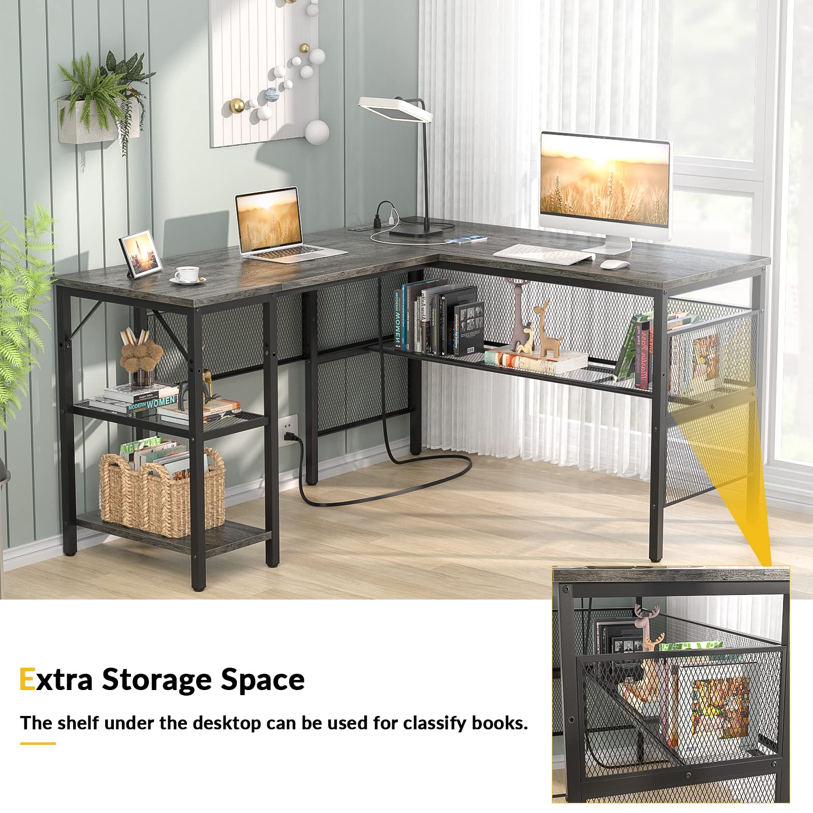 Unikito L Shaped Corner Computer Desk with USB Charging Port and Power Outlet, Storage Shelves, Reversible, Industrial 2 Person Gaming Table Modern Home Office Desks, White Oak