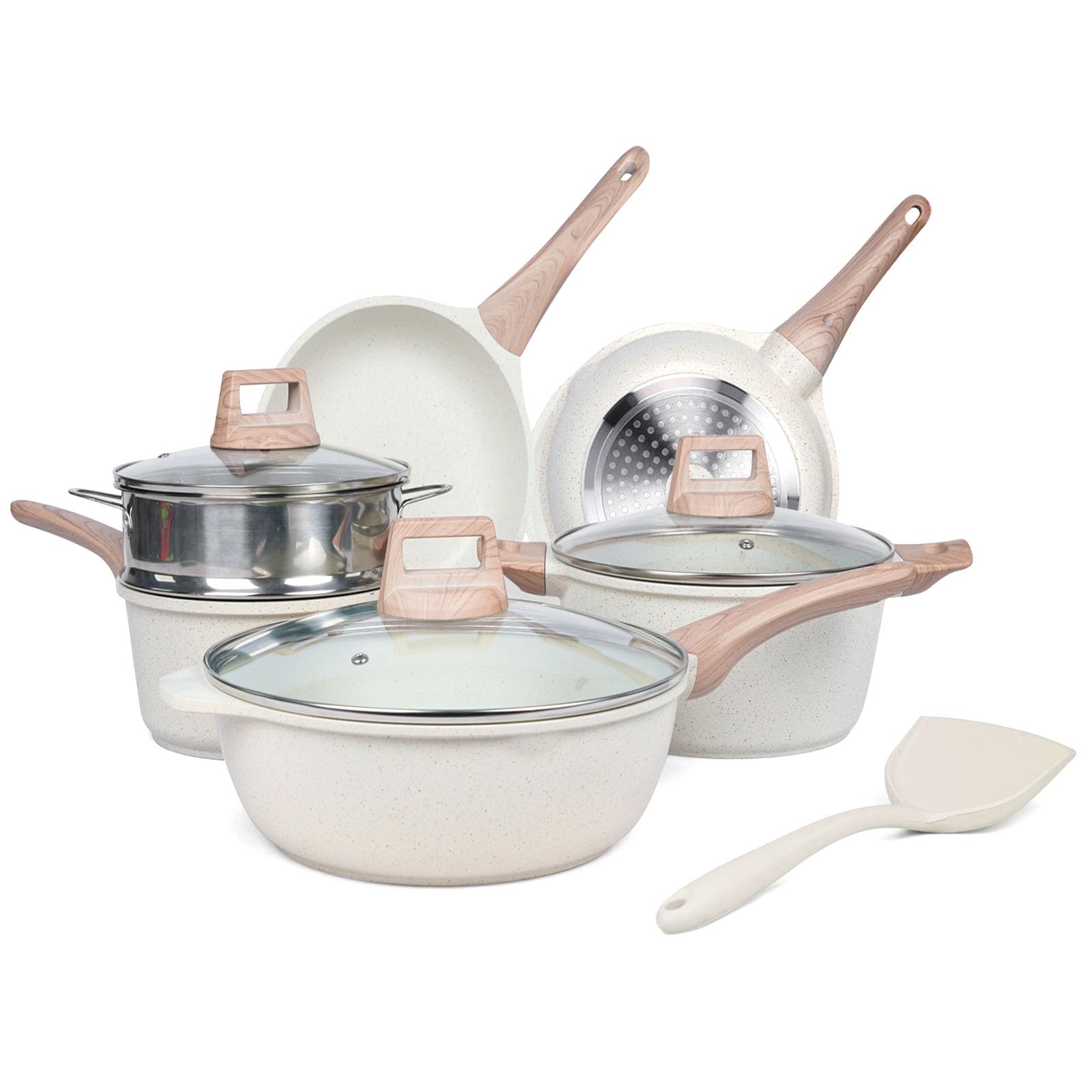 Ucclife 10pcs Pots and Pans Set Nonstick, Granite Frying Pans Induction Kitchen Cookware Sets, with Wood Print Handles Frying Pans, Saucepans, Steamer Shovel Spoon, Beige
