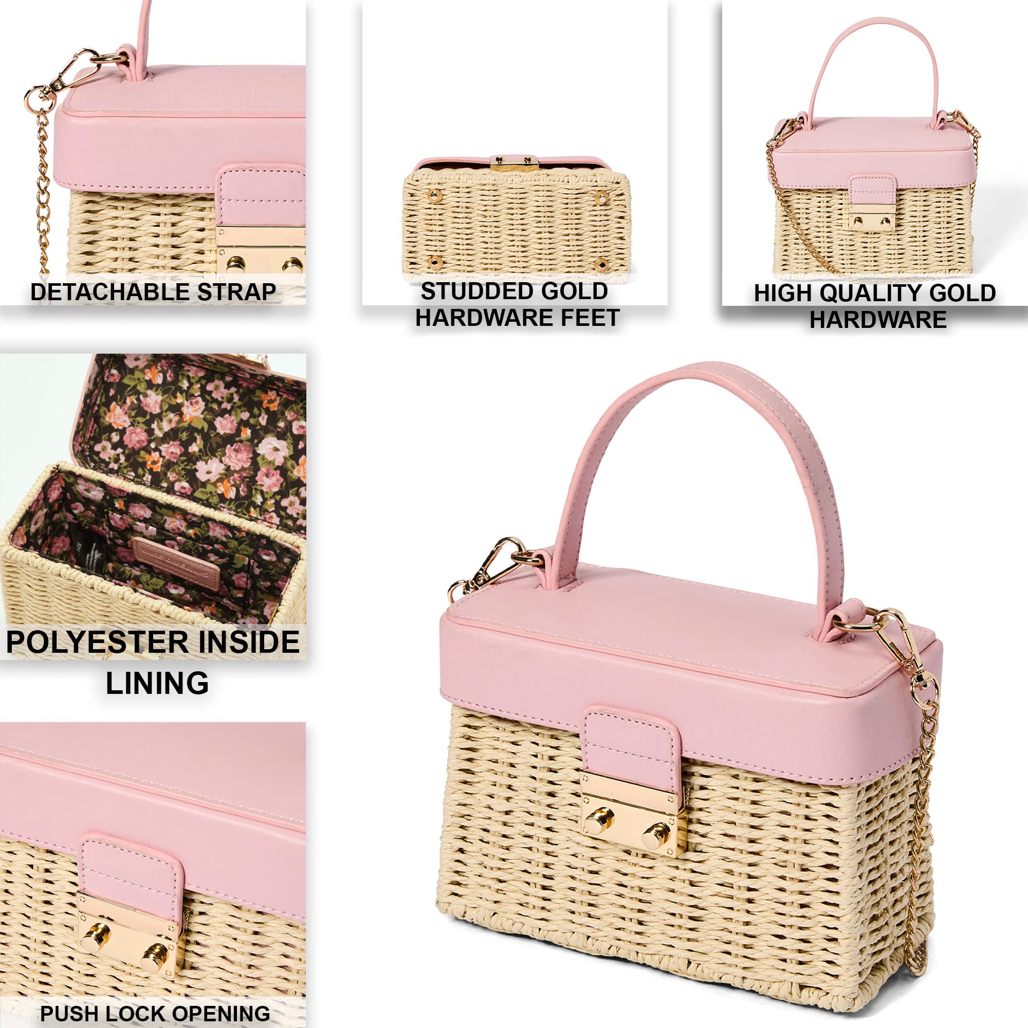 Like Dreams Small Summer Bag for Women Woven Straw Crossbody Vegan Leather Top Handle Plaid Inner Purse (Blush)