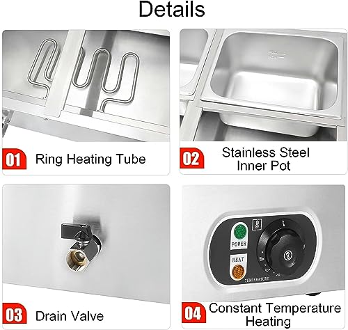 Commercial 1500W Electric Food Warmer, Stainless Steel Steam Table Buffet Server Food Warming Tray, Temperature Control, for Catering and Restaurants