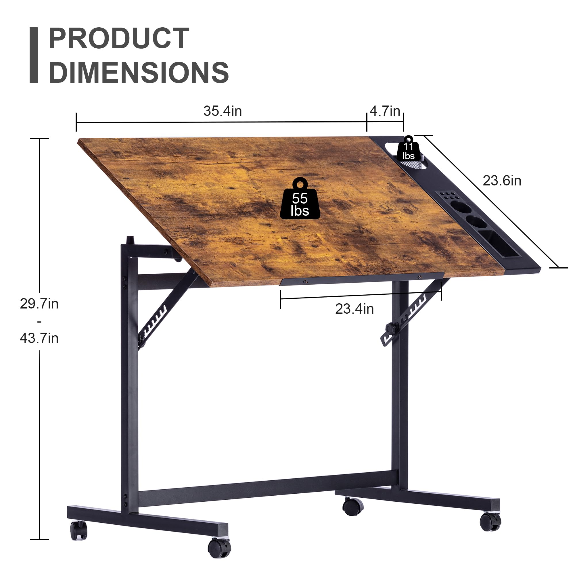 VECELO Vintage Drawing Drafting Table, Adjustable Tilting Top Art Desk Craft Work Station with Pencil Ledge Lockable Slide Rolling Wheels for Painting Diamond Reading Writing Study, Rustic Brown