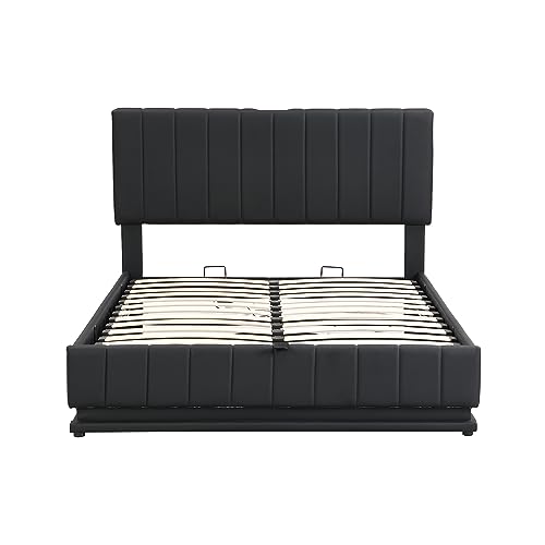 CJLMN Upholstered Platform Bed Versatility Bed, Full Size Wood Bed Frame with Hydraulic Storage System, LED Lights, Sockets and USB Ports, Kids Adults Bedroom Furniture Storage Bed (Black Bed)