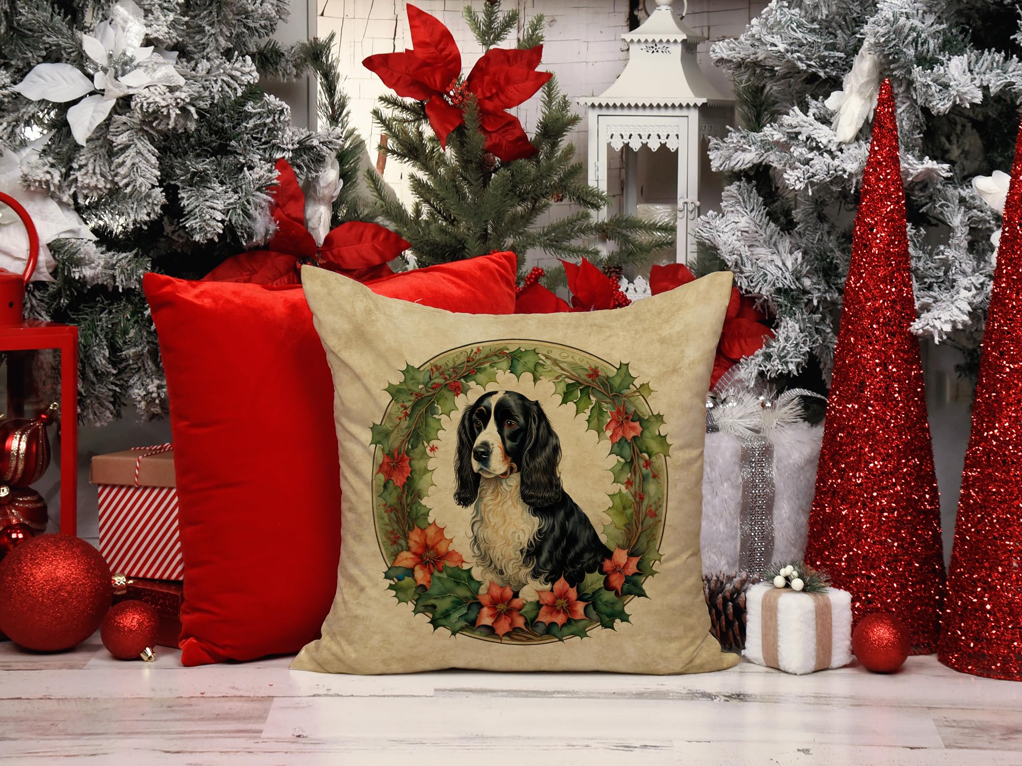 Caroline's Treasures DAC2443PW1818 Welsh Springer Spaniel Christmas Flowers Throw Pillow Machine Washable, Indoor Outdoor Decorative Pillow for Couch, Bed or Patio, 18Hx18W