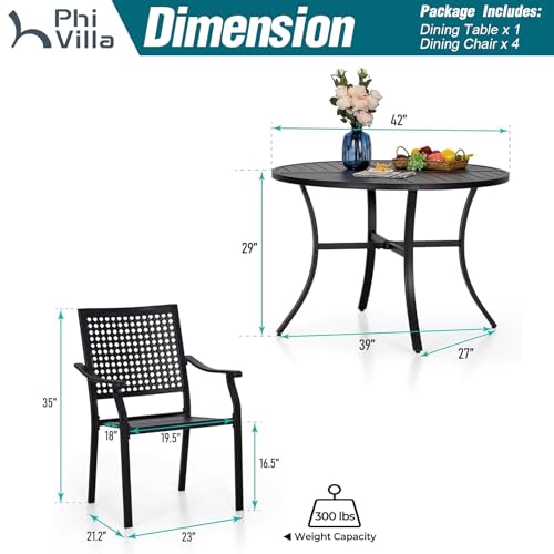 PHI VILLA 5 Pieces Outdoor Round Dining Set for 4, Steel Circle Table with Umbrella Hole & Stacking Wrought Iron Chairs, Morden Dining Furniture Set for Patio, Deck, Yard, Porch