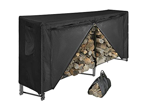 BLUEHOME 8ft Heavy Duty Indoor Outdoor Firewood Storage - Log Rack with Waterproof Cover and Log Carrier Combo – Black Steel Tubular Log Holder for Fire Pits and Fireplaces – Easy to Assemble