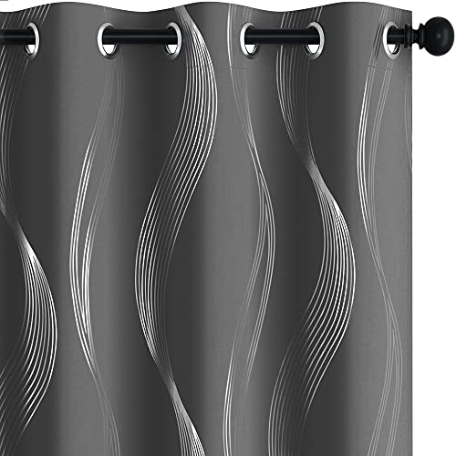Deconovo Blackout Curtains for Bedroom 84 Inches Long,Wave Foil Print Room Darkening Black Out Curtains for Living Room, 2 Panels Set, 52 by 84 Inch, Dark Grey