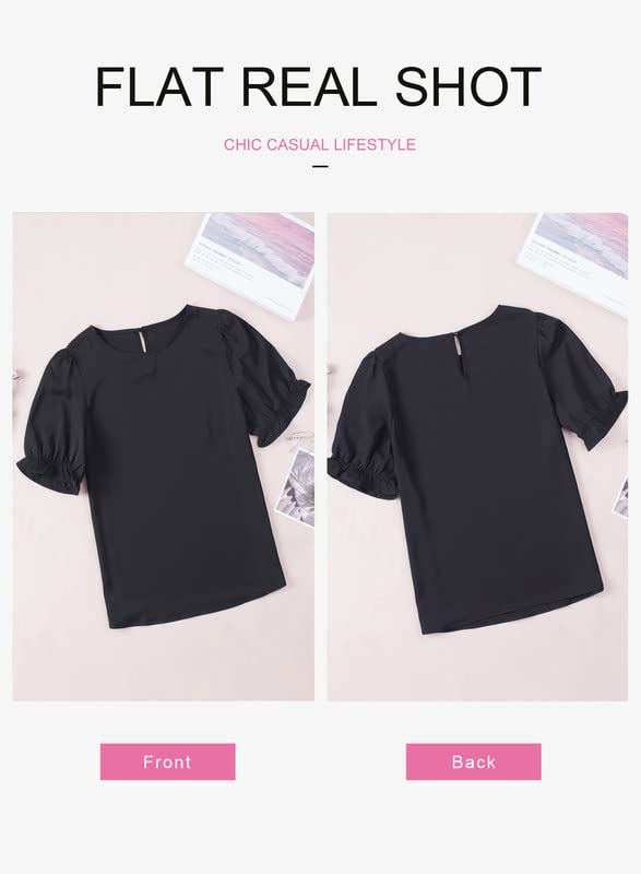 Dokotoo Womens Elegant Puff Short Sleeve Crewneck Chiffon Summer Tops, Casual Loose Office Work Shirts - Black Medium
