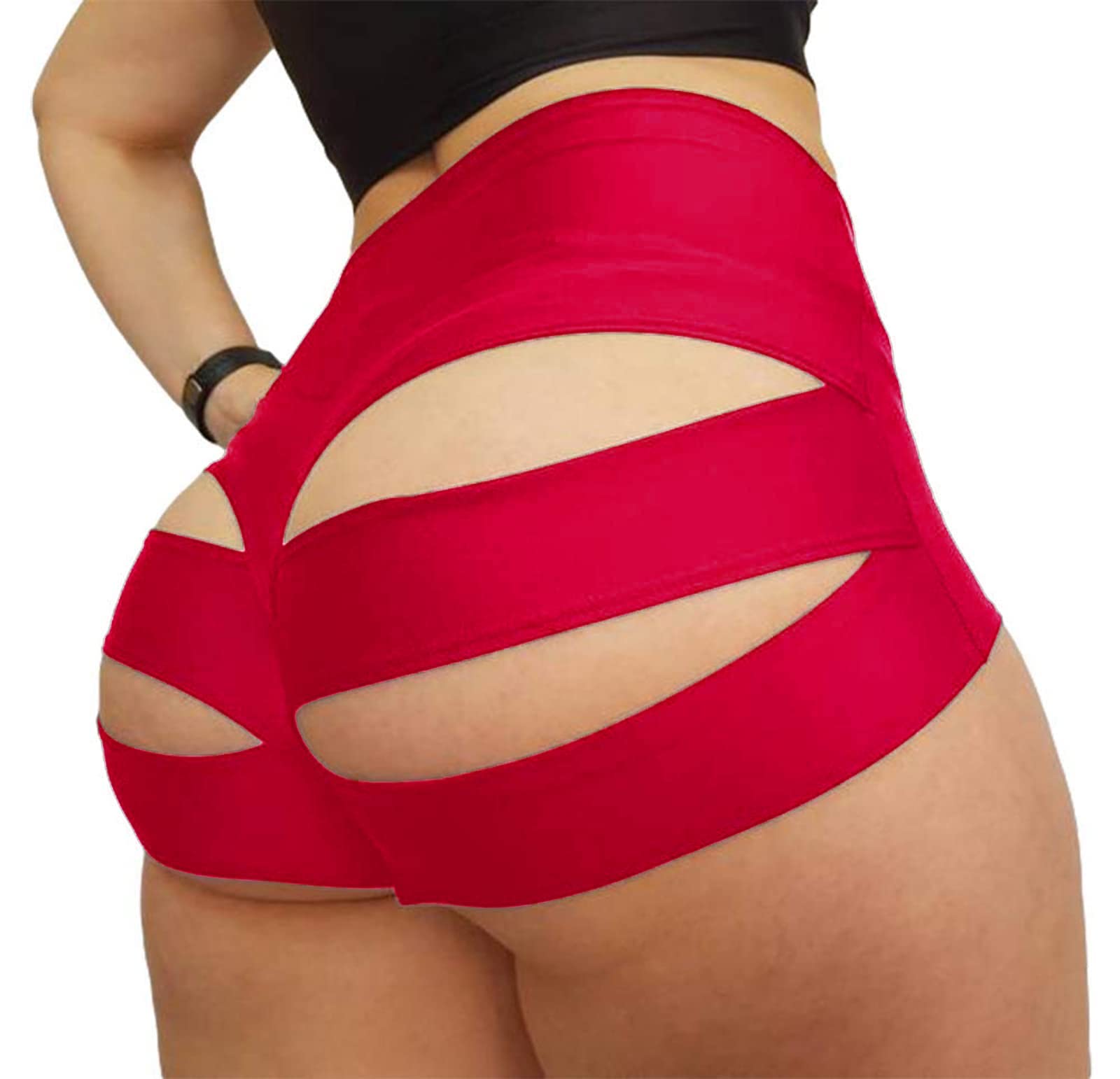 Avanova Women's Cut Out High Waist Booty Shorts Yoga Workout Butt Lifting Hot Pants Red Small