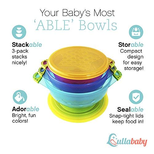 Lullababy Baby Bowl Set with Bonus Spoon and Fork, 8-Piece, BPA Free, Suction Bowls with