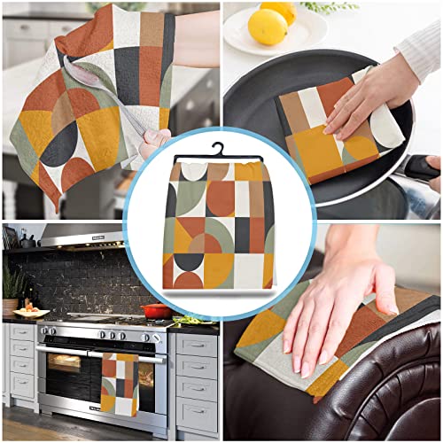 Decorfine Premium Kitchen Towels 18x28 Inch - Absorbent Dish Towels Art Retro Middle Age Geometric Abstract Plaid Grey Orange Hand Dish Cloths for Drying and Cleaning, 1 PCS