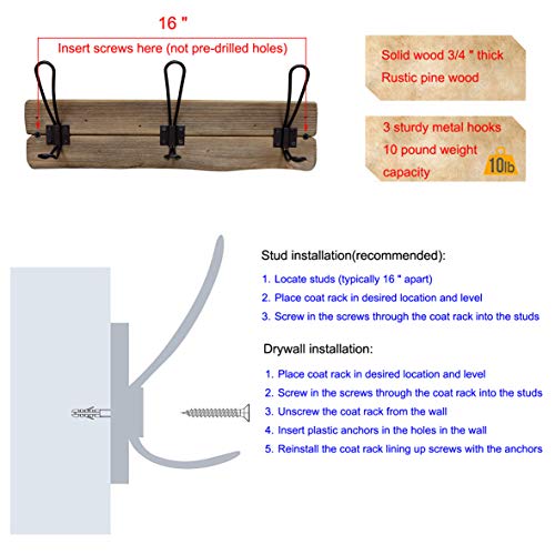 CVHOMEDECO. Rustic Solid Wood Wall Mounted Coat Rack with 3 Double Hooks Primitives Wooden Coat Hooks for Entryway, Kitchen, Bathroom. Brown.