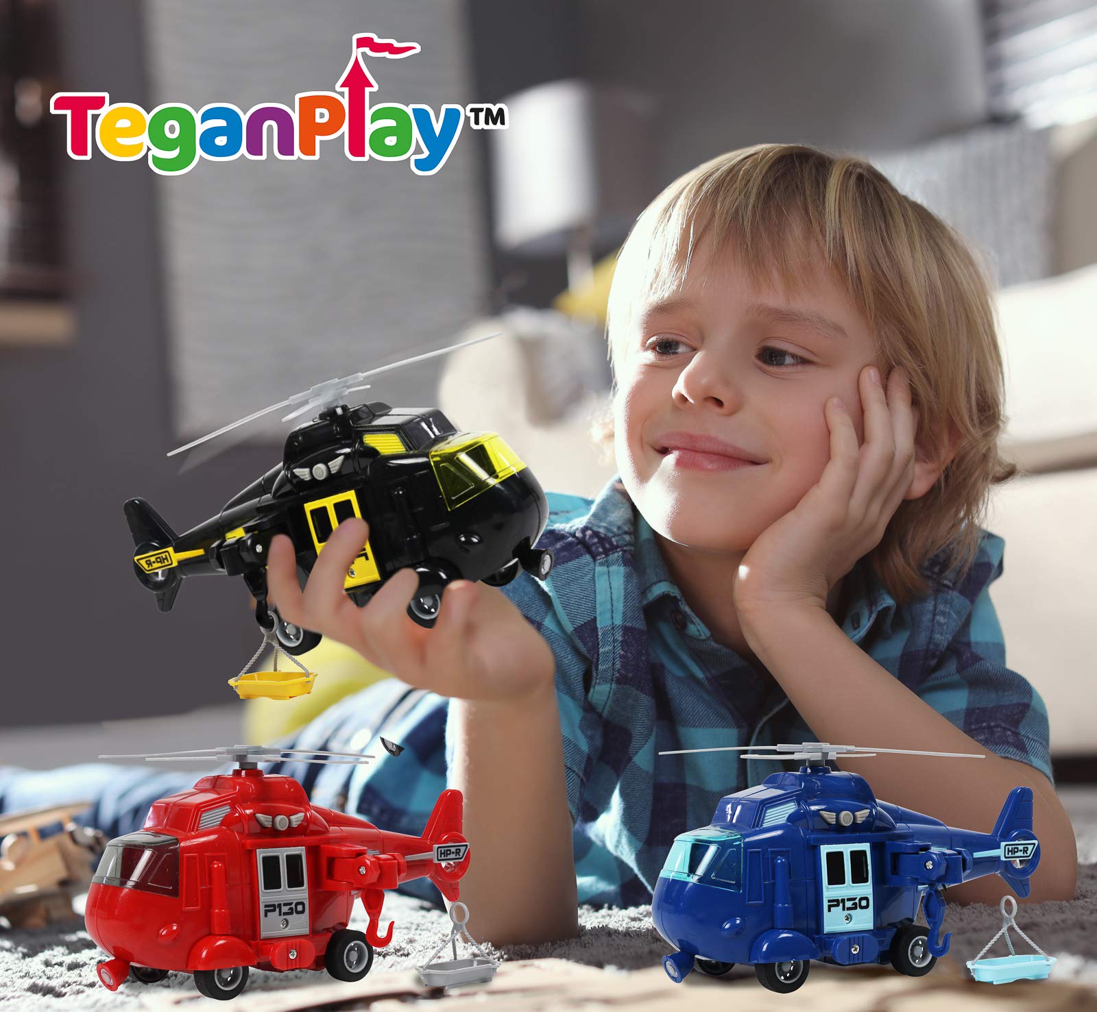 Helicopter Toys for Boys [3 Pack] | Kids Rescue Play Set Friction Powered with Realistic Lights & Sounds | Includes Police, Fire & Rescue Team