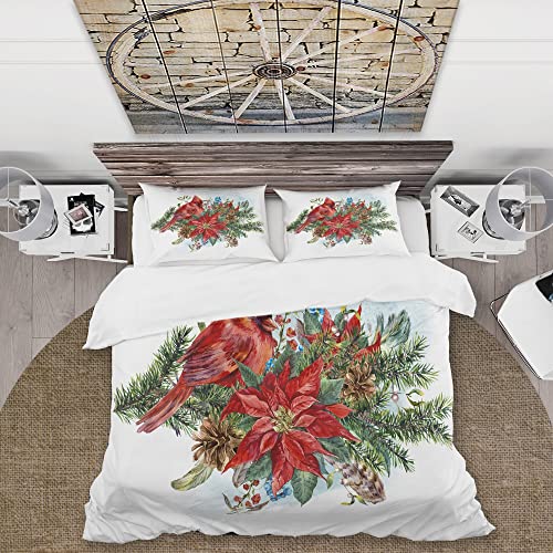 DESIGN ART Designart 'Christmas Poinsettia and Red Cardinal Bird' Traditional Duvet Cover Comforter Set King Cover + Comforter + 2 King Shams 4 Piece