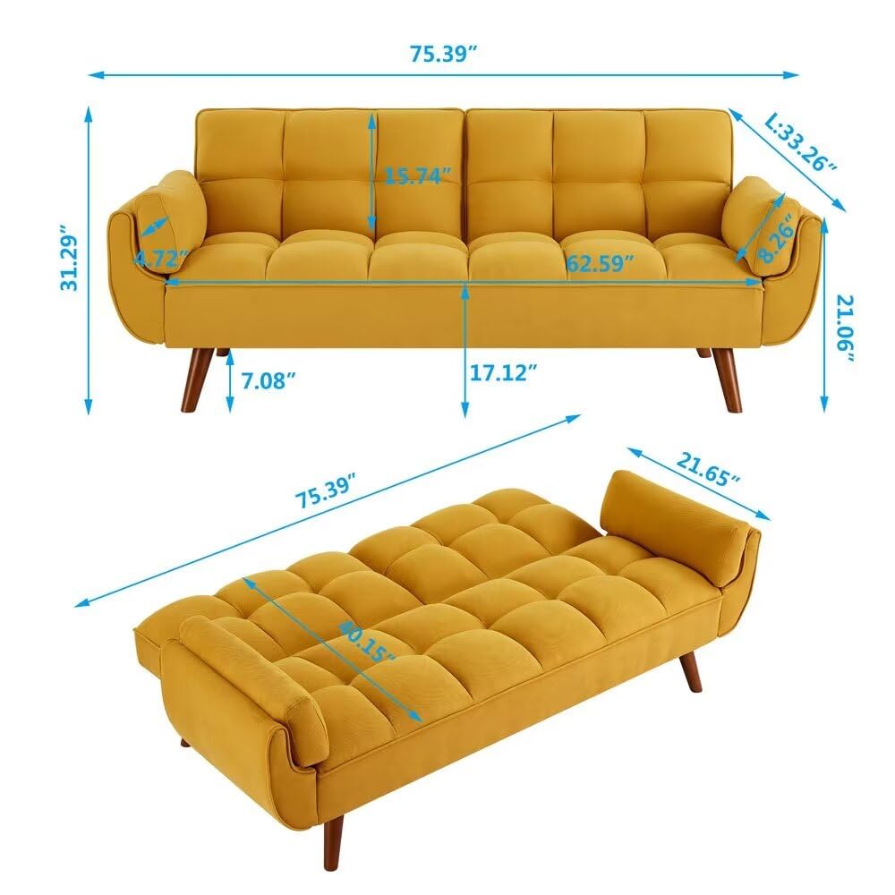 XGWIHLO Convertible Sofa Bed Folding Loveseat Couch, Modern Futon Recliner Sleeper with Adjustable Backrest, Yellow