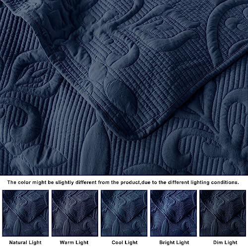 Boho Quilt California Cal King Size Bedding Sets with Pillow Shams, Damask Oversized Lightweight Soft Bedspread Coverlet, Navy Blue Quilted Blanket Thin Comforter Bed Cover, 3 Pieces, 118x106 inches