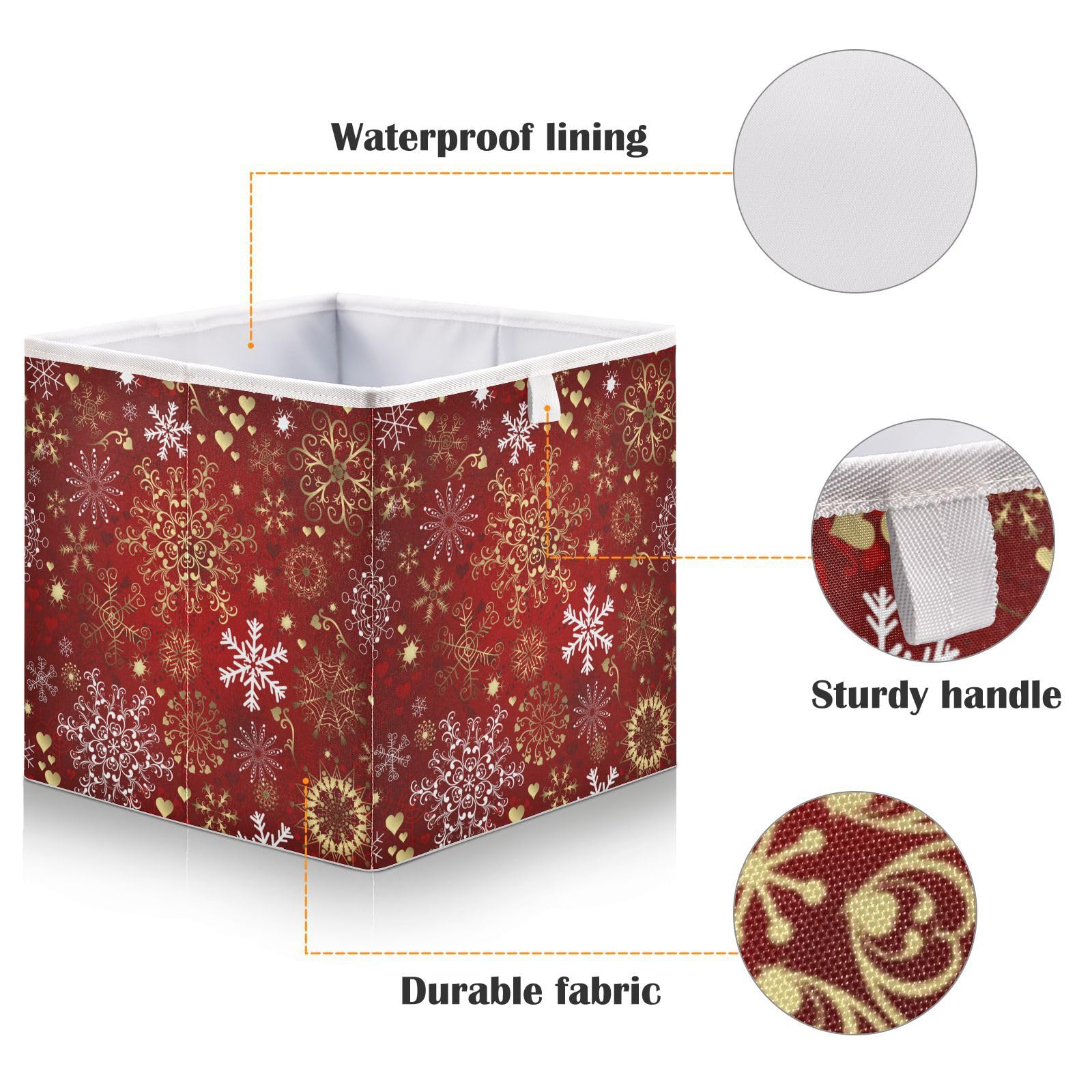 Christmas Red Gold and White Snowflakes Closet Organizers Storage Cubes Storage Bins Shelf Baskets Containers for Home Room Office,Square