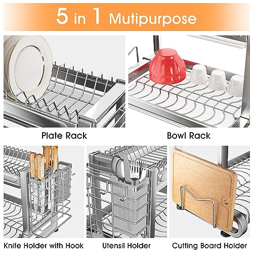 Dish Drying Rack, Stainless Steel Dish Rack, Rustproof Dish Drainers for Kitchen Counter, Multifunctional 2 Tier Dish Drainers Organizer with Drainboard & Utensil Holder