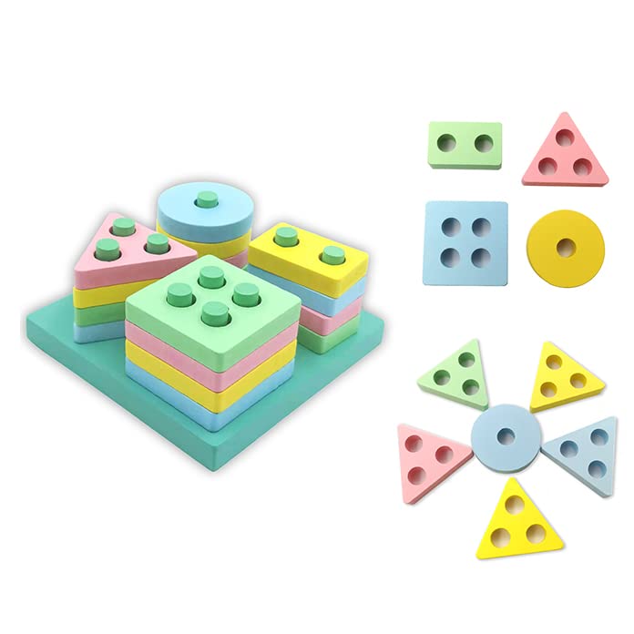 JS-Drhome Wooden Puzzle Stacking Toys for Toddlers1-3,Baby Stacking Toys,Educational Learning Toys,4 Geometric Shapes,Color Recognition Shape Sorter,Gift for 3+ Year Old Boys and Girls