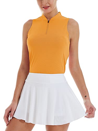 CQC Women's Sleeveless Golf Polo Tennis Shirts Zip Up Quick Dry UPF 50+ Athletic Tank Tops Moisture Wicking Sport Casual Golden Spice M