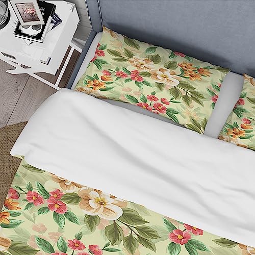 DESIGN ART Designart 'Pink White and Red Flowers and Leaves On Beige Background.' Traditional Duvet Cover Set King