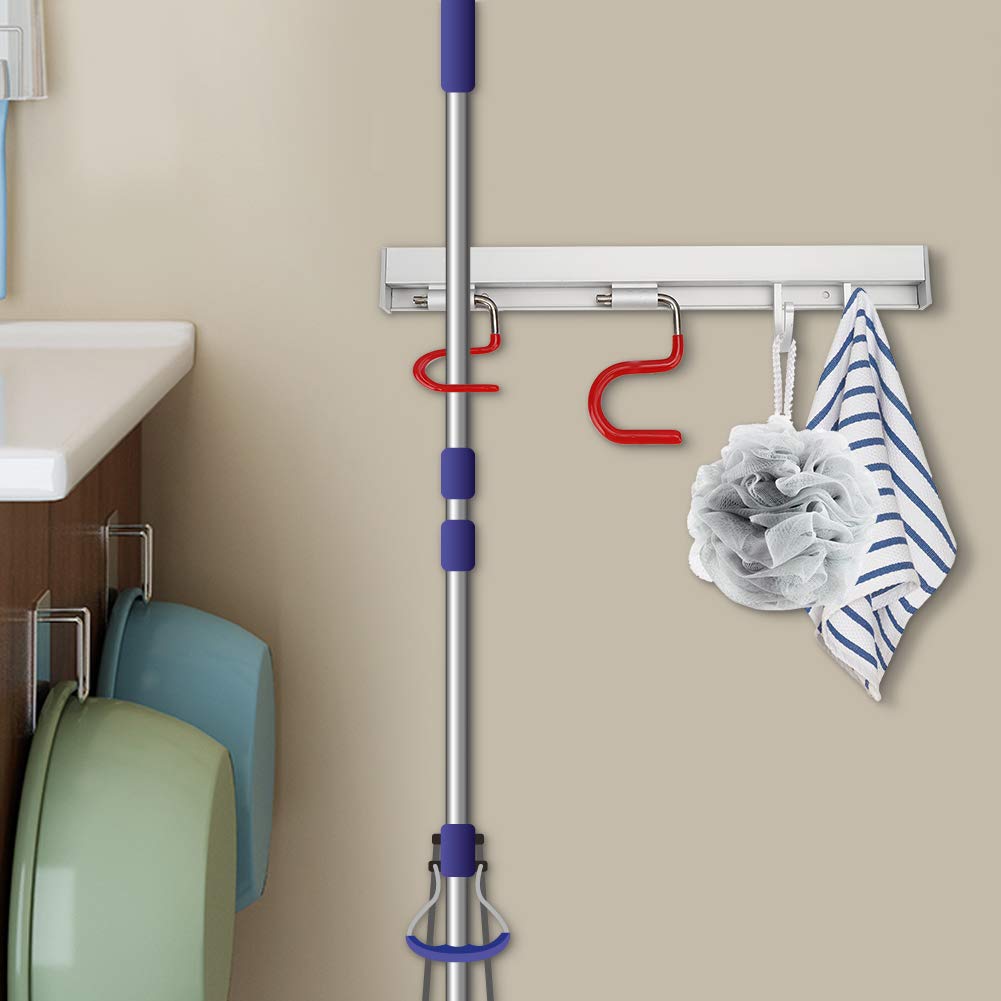 BORDSTRACT Mop Holder, S‑Shaped Mop Broom Storage Rack, Wall Mounted Mop Holder with Hooks for Home Toilet Bathroom(2 Hanger 2 Hook)