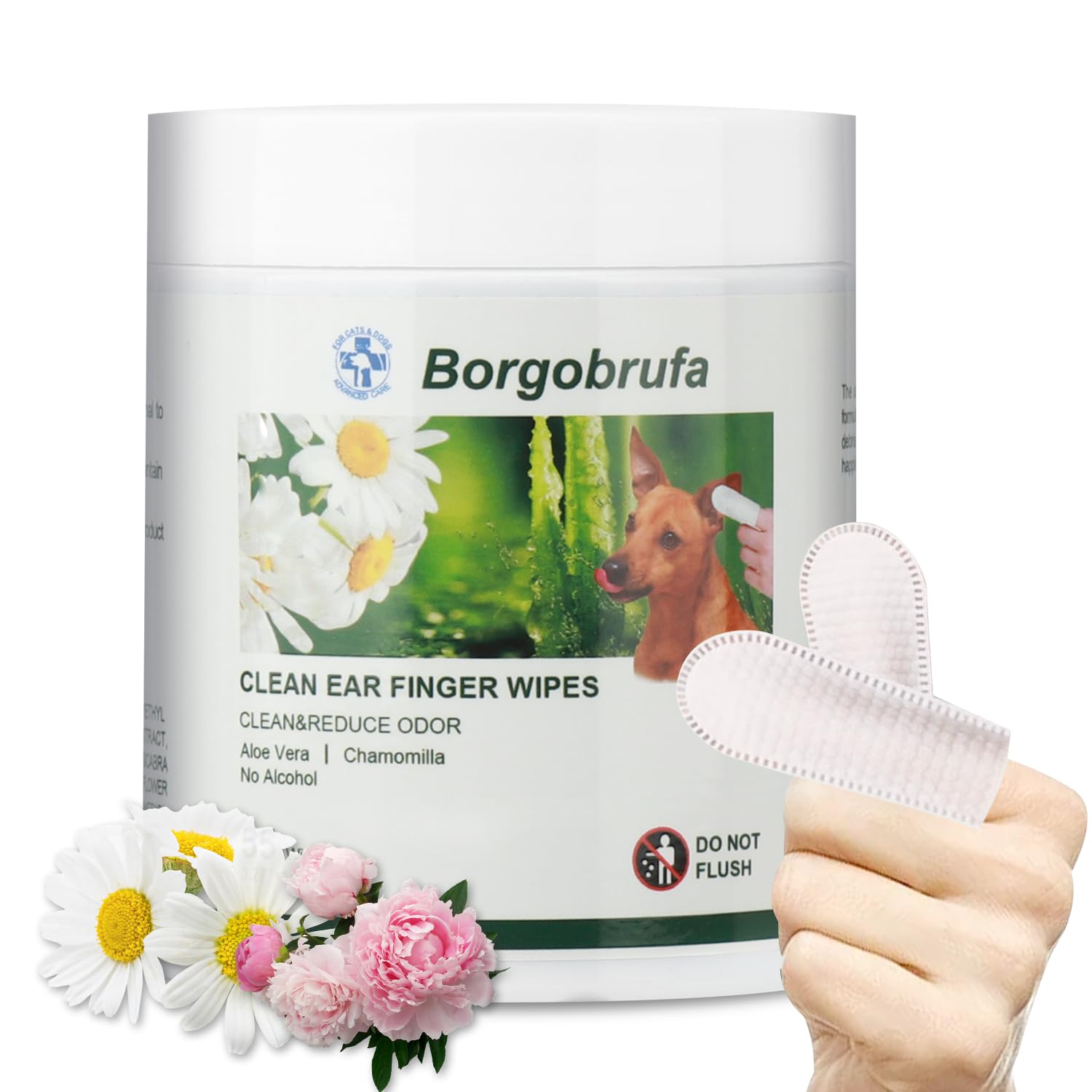 Borgobrufa Dog Ear Finger Wipes, Pet Ear Cleaner Wipes Disposable Natural Ear Relief Cleaning Pads Finger Sleeves for Dog Cat Remove Earwax Odor Soothe Ear Itching and Infection, Cat Ear Wipes, 55 Pcs
