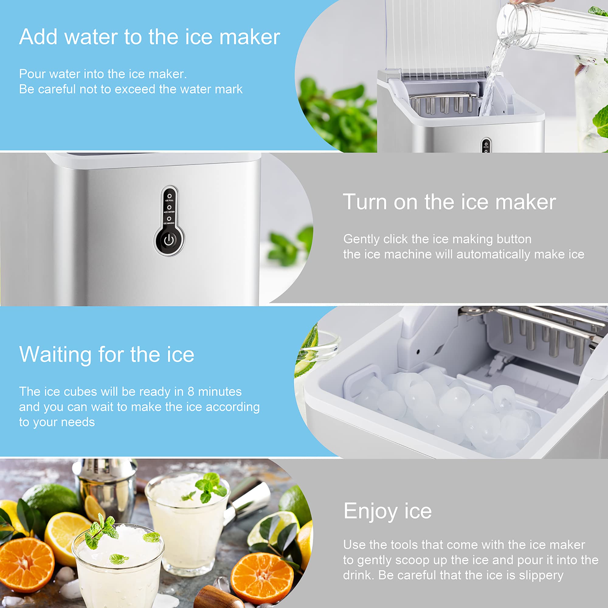 Electactic Ice Maker Countertop, Efficient Easy Carry Ice Maker, Self-Cleaning Ice Maker with Ice Scoop & Basket, 9pcs/ 8mins 26.6Lbs Per Day for Home/Office/Kitchen, Silver (Z3912)